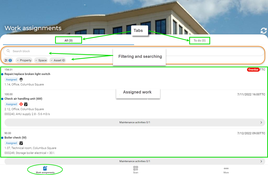 Work assignments overview page